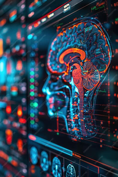 closeup of a digital brain scan interface displaying futuristic medical data and neural network