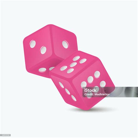 흰색 점이 있는 벡터 3d 사실적인 분홍색 게임 주사위는 흰색 배경에 격리된 근접 촬영을 설정합니다 게임 큐브는 다른 위치 카지노 깍둑 지 둥근 가장자리에서 도박을위한