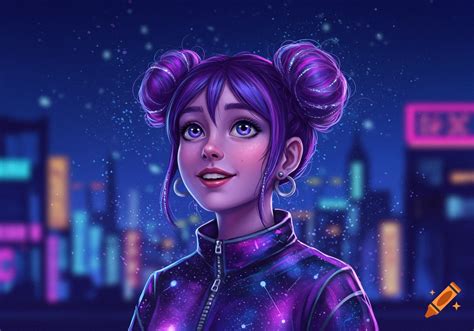 Anime Style Woman Viewed From Behind Gazing At A Vibrant City Skyline