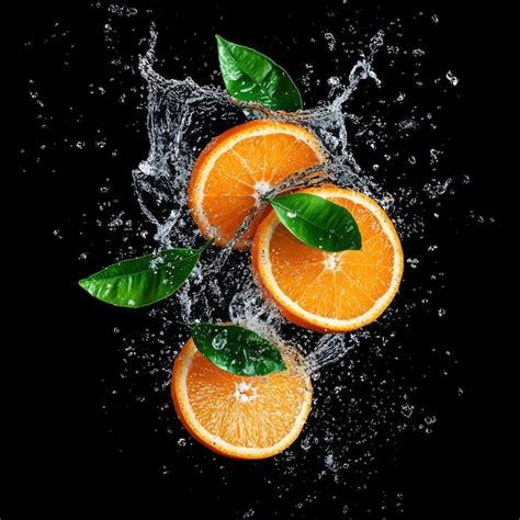 Fresh Orange Slices And Green Leaves With Splashing Water Premium Ai