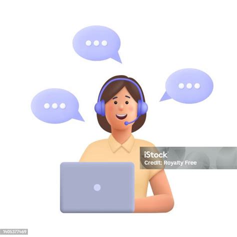 고객과 대화하는 헤드셋이있는 사무실 운영자 고객 서비스 콜 센터 핫라인 고객 지원 부서 직원 개념 3d 벡터 사람들 캐릭터 일러스트레이션 만화 최소 스타일 3차원 형태에