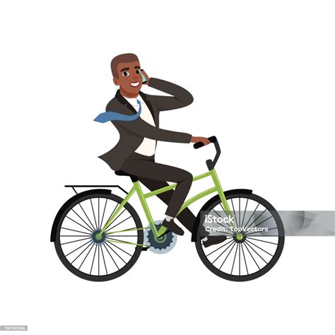 아프리카계 미국 흑인 사업가 자전거를 타고와 전화 통화 파란색 넥타이와 공식적인 검은 양복에 만화 젊은 남자 모바일 도시 수송입니다 평면 벡터 디자인 검은색에 대한 스톡