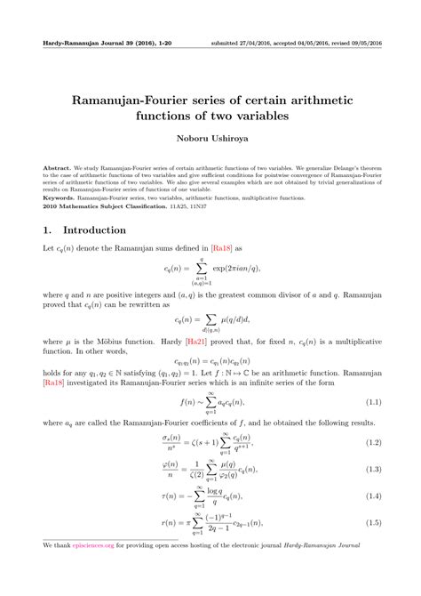 Pdf Ramanujan Fourier Series Of Certain Arithmetic Functions Of Two