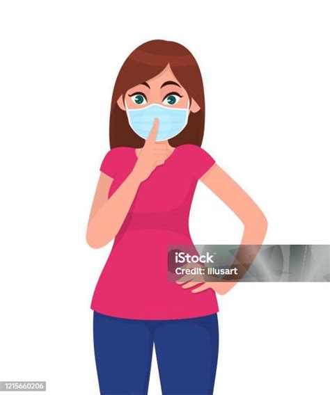 의료 용 얼굴 마스크를 착용하고 침묵을 묻는 어린 소녀 조용히 하십시오 Sh 유행 여성 보호 수술 마스크를 덮고 입술에 손가락을 유지 벡터 스타일의 만화 일러스트