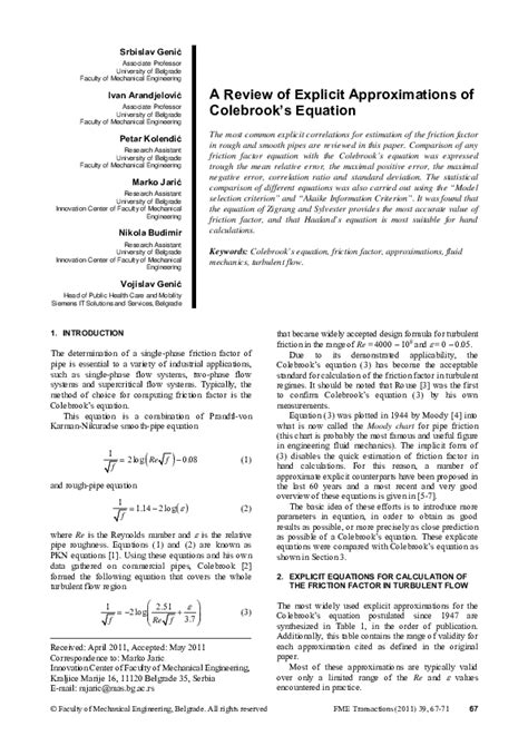 A Review Of Explicit Approximations Of Colebrooks Equation