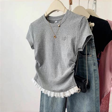 Jual Kaos Lengan Pendek Ramping Berenda Bordir Hati Abu Abu Shopee