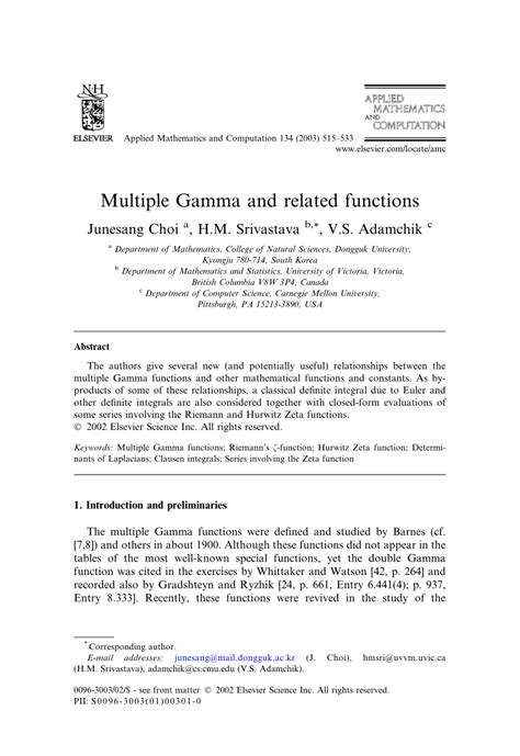 Pdf Multiple Gamma Functions And Their Applications