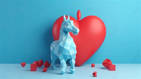 3d 모델링으로 심장 모양의 말 발렌타인의 3d 렌더링 빨간색 하트와 파란색 배경에 귀여운 유니콘 미니멀리스트 배경 일러스트 및 사진 무료 다운로드 Pngtree