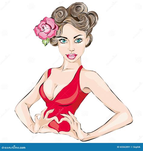 Valentines Day Pin Up Woman Portrait With Hands Heart Gesture Stock