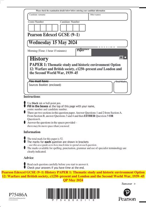 Pearson Edexcel GCSE History PAPER Thematic Study And Historic Environment Option
