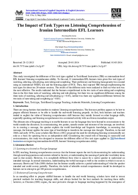 Doc The Impact Of Task Types On Listening Comprehension Of Iranian Intermediate Efl Learners