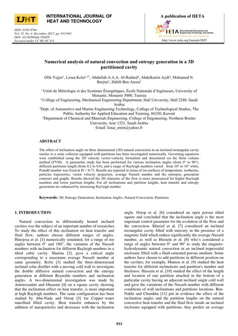 PDF Numerical Analysis Of Natural Convection And Entropy Generation In A D Partitioned Cavity