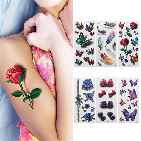 Temporary Tattoo Sticker Body Art 3d Butterfly Rose Feather Tattoo