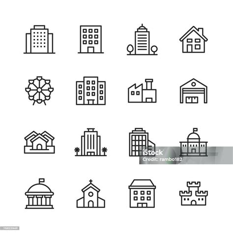 선 아이콘 작성 편집 가능한 스트로크입니다 픽셀 완벽한 모바일 및 웹용 건물 건축 건설 집 집 공장 차고 교회 정부 성 등의 아이콘이 포함되어 있습니다 아이콘에 대한 스톡