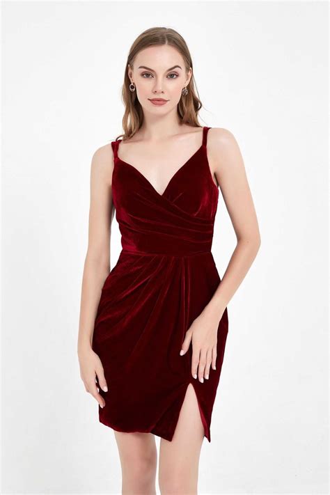 V Neck Pleated Short Velvet Dress Velvet Dress Short Homecoming
