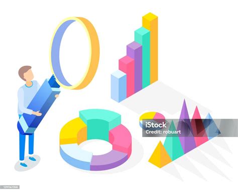 돋보기 볼륨 파이 차트 막대 그래프 분석 인포 그래픽을 가진 남자 비즈니스 예측 등측투영법에 대한 스톡 벡터 아트 및 기타 이미지 등측투영법 인포그래픽 3차원 형태
