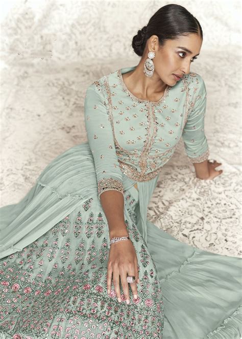 Teal Gray Embroidered Designer Skirt Top Set With Dupatta Urban Womania