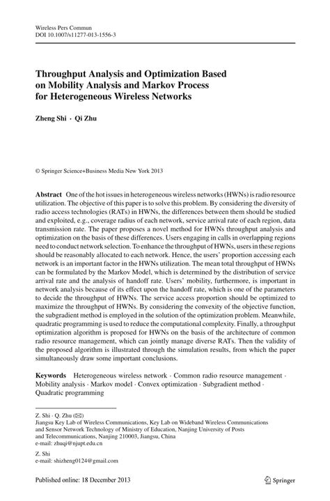 Pdf Throughput Analysis And Optimization Based On Mobility Analysis And Markov Process For