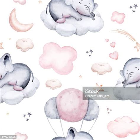 잠자는 코끼리가있는 어린이를위한 수채화 패턴 아기 직물 베이지 색과 푸른 구름 달 태양이있는 포스터 핑크 인쇄 보육원 인쇄 일러스트 섬유 코끼리에 대한 스톡 벡터 아트 및
