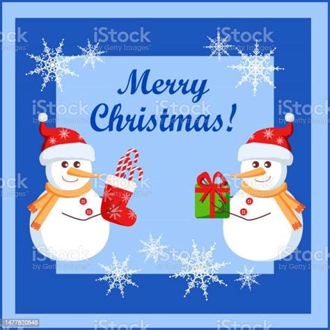 두 명의 행복한 눈사람이 서로에게 선물을줍니다 텍스트 상자가 있는 크리스마스 인사말 카드입니다 겨울에 대한 스톡 벡터 아트 및 기타 이미지 Istock