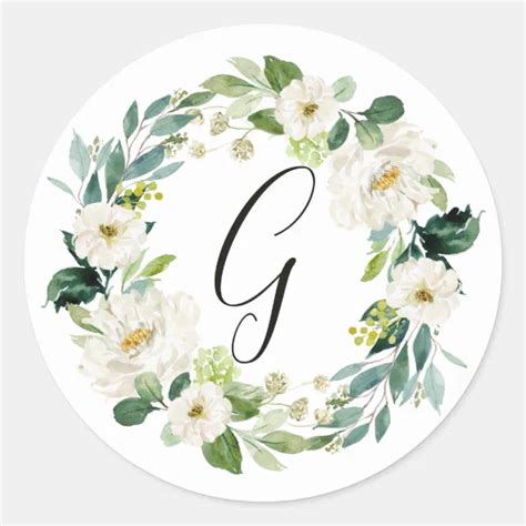White Floral Wreath Monogram Classic Round Sticker Zazzle