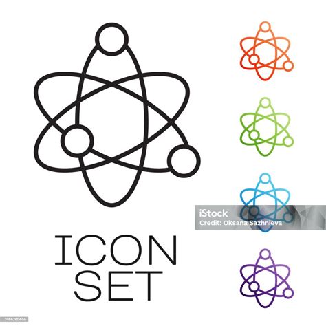 흰색 배경에 격리 된 검은 줄 원자 아이콘 과학 교육 핵 물리학 과학 연구의 상징 다채로운 아이콘을 설정합니다 벡터 건강 검진에 대한 스톡 벡터 아트 및 기타 이미지