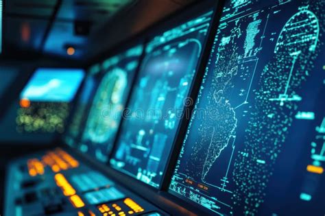 Control Panel Displaying High Tech Data Visualizations And Maps In A Modern Workspace Stock