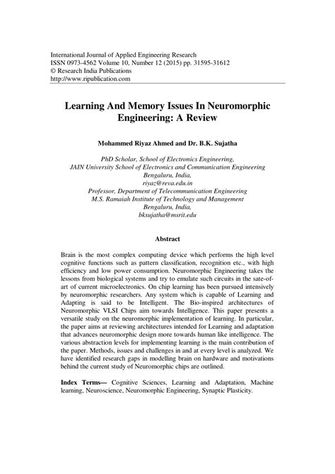 PDF Learning And Memory Issues In Neuromorphic Engineering A Review