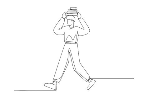 한 줄 그리기 어린 소년은 그의 머리에 책 더미를 들고 책 연인의 날 개념 한 줄 그리기 디자인 벡터 그래픽 그림 프리미엄 벡터