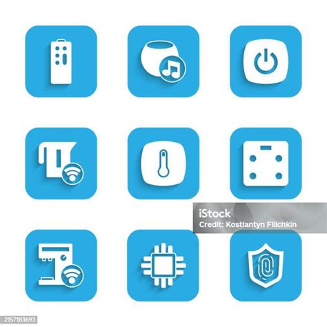 온도 조절기 Cpu가 있는 프로세서 지문 스마트 욕실 저울 커피 머신 전기 주전자 집 및 리모컨 아이콘을 설정합니다 벡터 Cpu에 대한 스톡 벡터 아트 및 기타 이미지