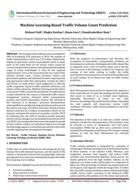 Machine Learning Based Traffic Volume Count Prediction Pdf Computing Technology And Computing
