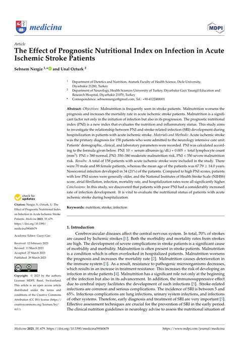 Pdf The Effect Of Prognostic Nutritional Index On Infection In Acute Ischemic Stroke Patients