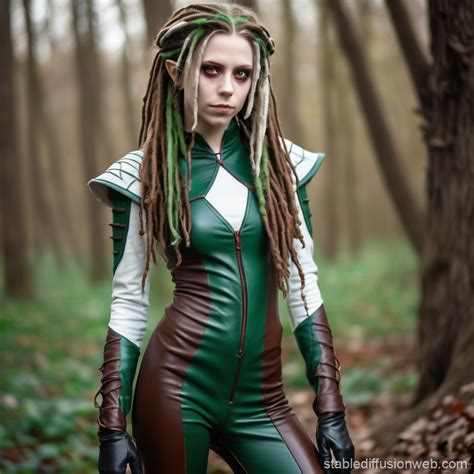 Young Woman Half Elf With Long Black Hair And Green Eyes In A Dark Robe