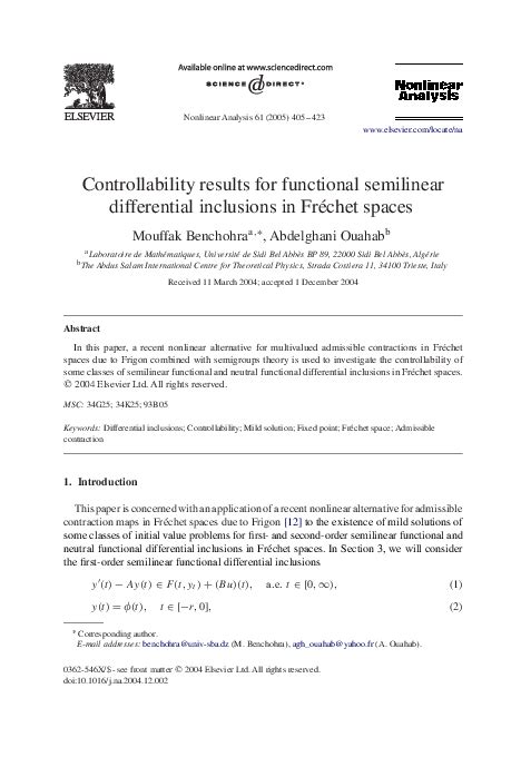 Pdf Controllability Results For Functional Semilinear Differential Inclusions In Fréchet Spaces