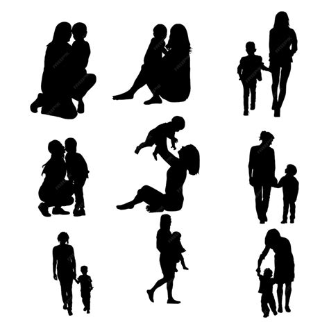 Conjunto De Siluetas De Madre E Hijo Vector Premium