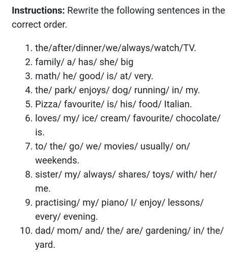 instructions rewrite the following sentences in the correct order 1 th