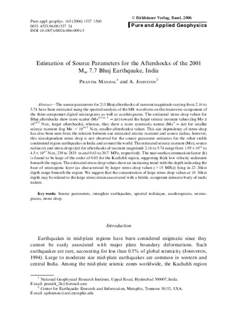 Pdf Estimation Of Source Parameters For The Aftershocks Of The 2001