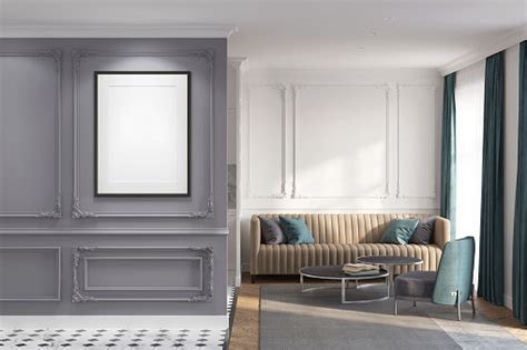 회색 클래식 벽에 빈 조명 수직 포스터와 현대적인 클래식 인테리어 소파와 안락의자가 있는 커피 테이블이 배경에 녹색 커튼이 있는 창문 근처에 있습니다 3d 렌더 거실에 대한