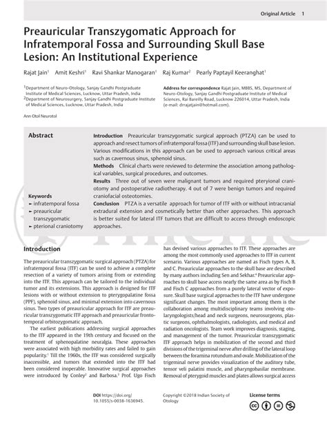 Pdf Preauricular Transzygomatic Approach For Infratemporal Fossa And Surrounding Skull Base