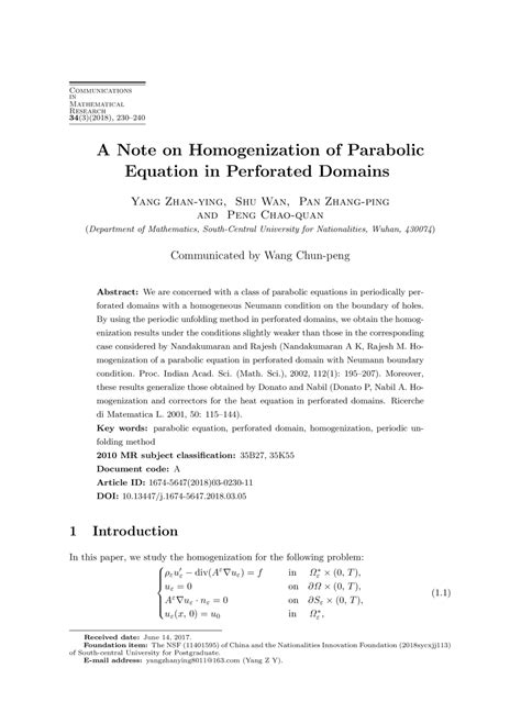 Global Science Press A Note On Homogenization Of Parabolic Equation In Perforated Domains