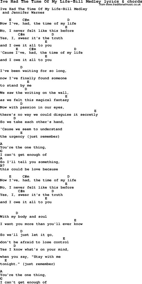 Love Song Lyrics For Ive Had The Time Of My Life Bill Medley With Chords