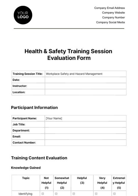 Free Health And Safety Training Session Evaluation Form Template To Edit