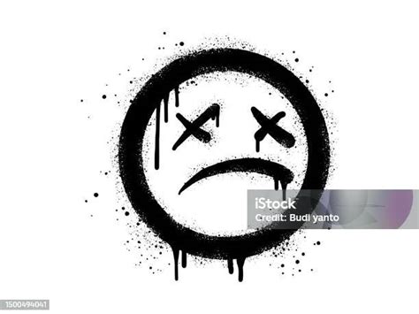 무서운 아픈 얼굴 이모티콘 캐릭터 스프레이로 그린 낙서 흰색 위에 검은 색으로 슬픈 얼굴 흰색 배경에 격리되어 있습니다 벡터 그림 그래피티에 대한 스톡 벡터 아트 및 기타