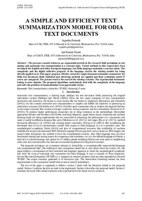 Pdf A Simple And Efficient Text Summarization Model For Odia Text