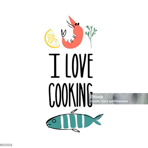 손으로 그린 벡터 일러스트 레이 션 요리 제가 요리를 좋아해요 새우 물고기와 향신료 라벨 디자인 메뉴 디자인입니다 주방 디자인
