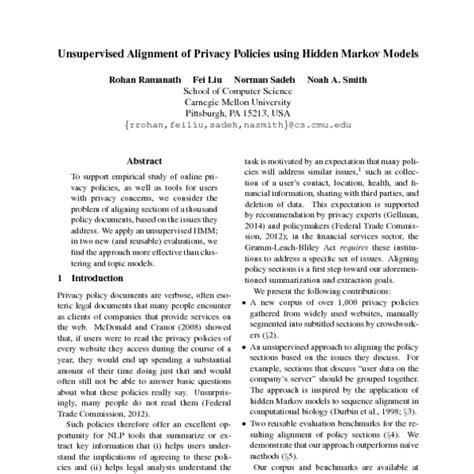 Unsupervised Alignment Of Privacy Policies Using Hidden Markov Models Acl Anthology