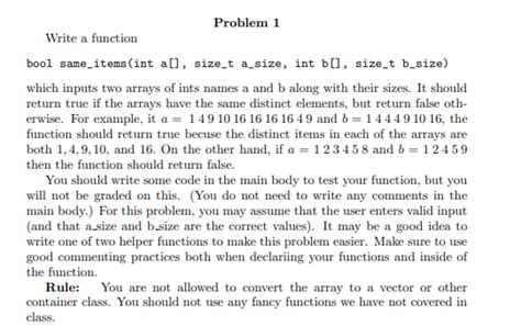 Solved Problem 1 Write A Function Bool Sameitemsint A