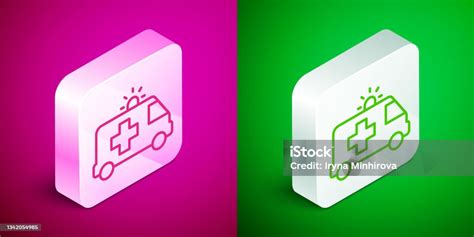 분홍색과 녹색 배경에 격리 된 등색 라인 구급차와 응급 자동차 아이콘 구급차 차량 의료 대피 실버 스퀘어 버튼 벡터 0명에 대한 스톡 벡터 아트 및 기타 이미지 Istock