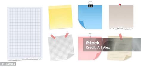 핀 종이 클립 푸시 핀 접착 테이프 및 스티커 테이프가있는 메모지 세트 빈 시트 메모 찢어진 종이 시트 및 흰색 배경에 격리 된 노트북 페이지 벡터 일러스트레이션 0명에
