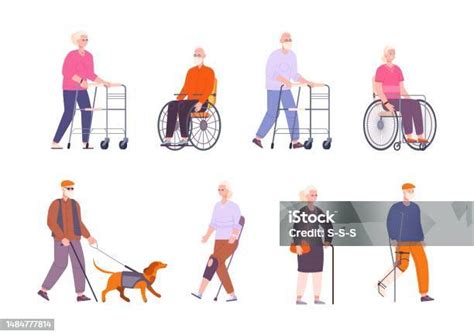 노인 보행자 노인 장애인 지팡이 또는 보행기를 들고 걷는 노인 참전용사 할머니 여성과 휠체어를 탄 나이 많은 남자 아픈 장애인 조부모 벡터 일러스트레이션 노인에 대한 스톡